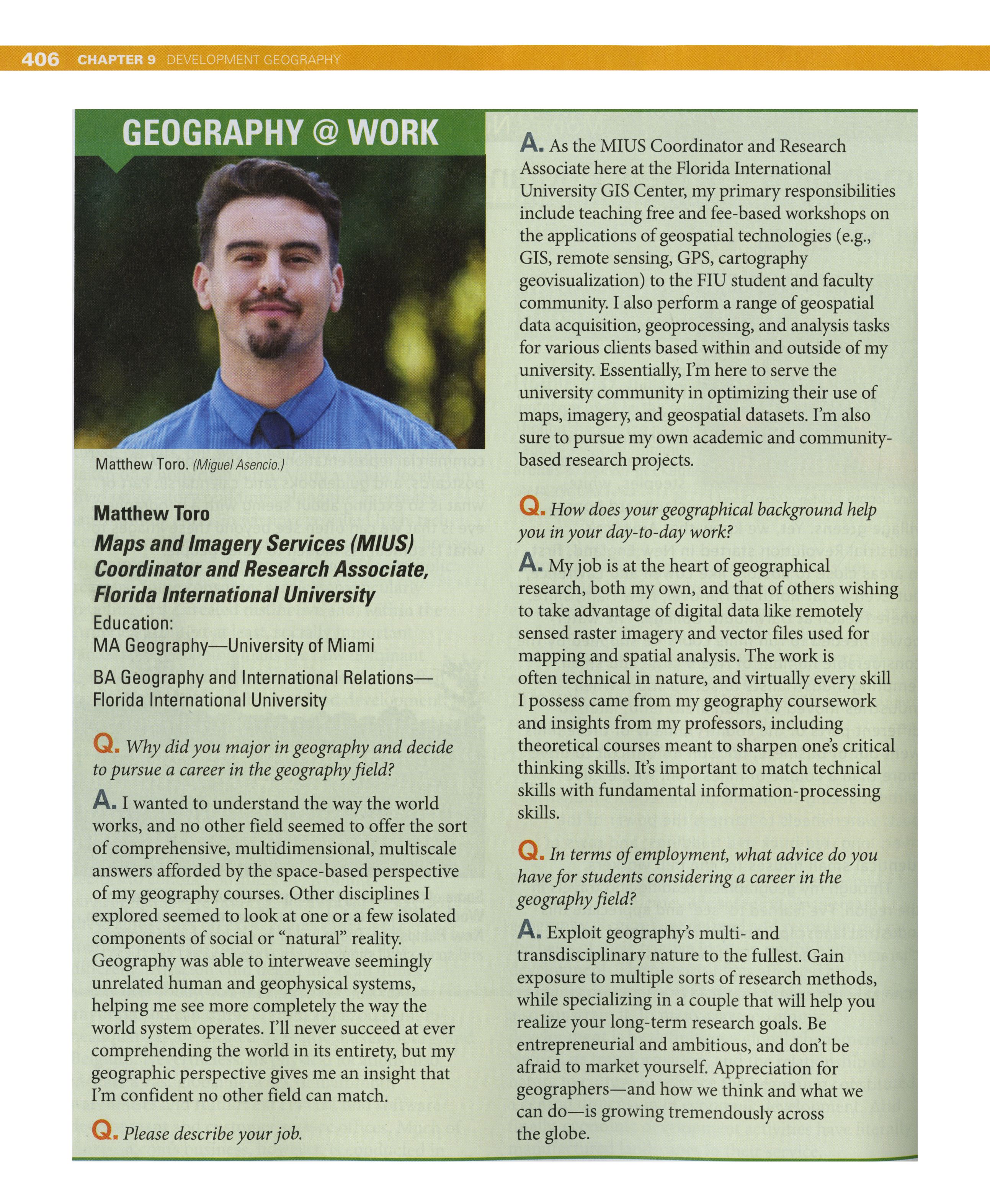 Profile in Geography Textbook – Matthew Toro